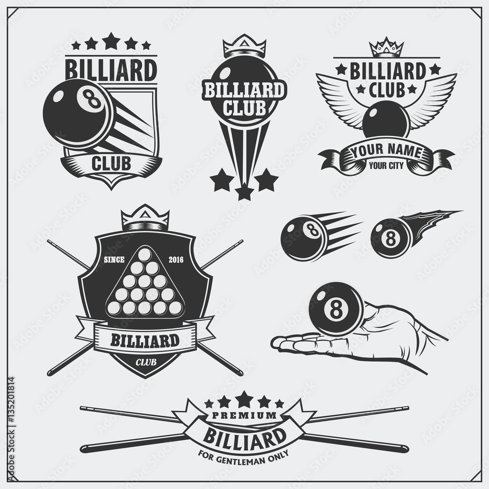 Set of billiards labels, emblems, badges, icons and design elements ...