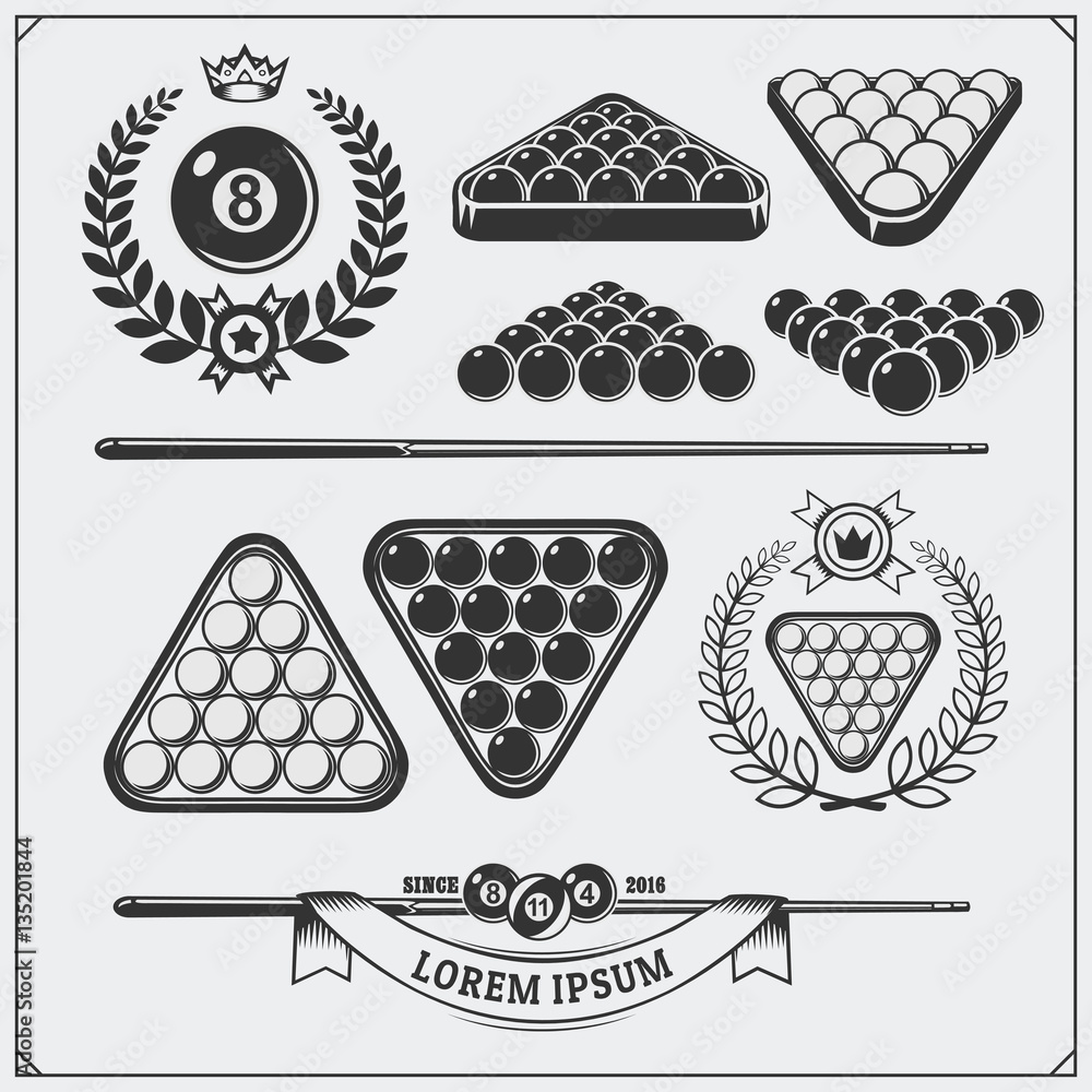 Poster Set of billiards labels, emblems, badges, icons and design ...