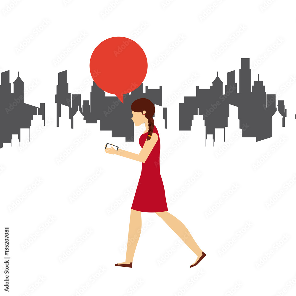 woman cartoon walking over city background. colorful design. vector ...