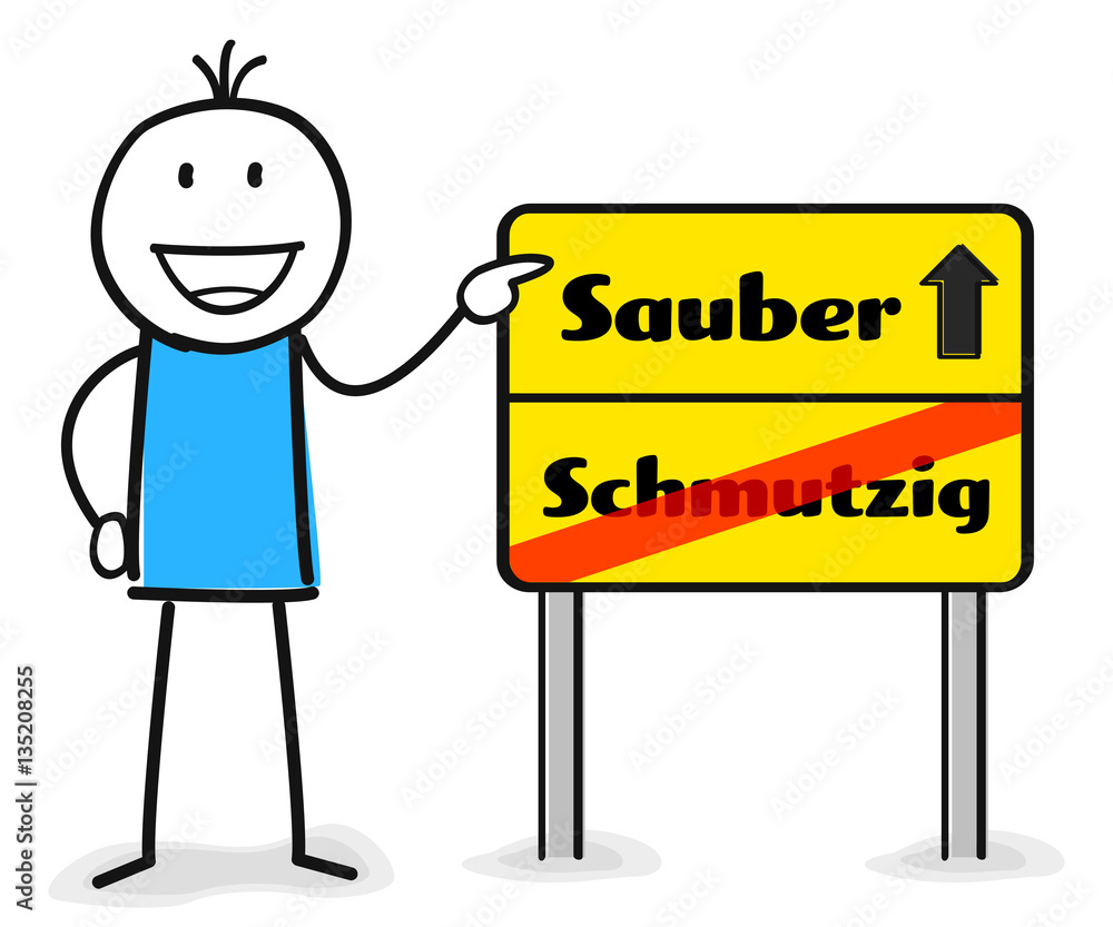 Figur zeigt auf Wegweiser Schild mit Sauber und Schmutzig rot ...