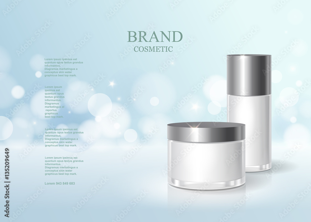 Cosmetic blue bottle package design with moisturizer cream or liquid ...