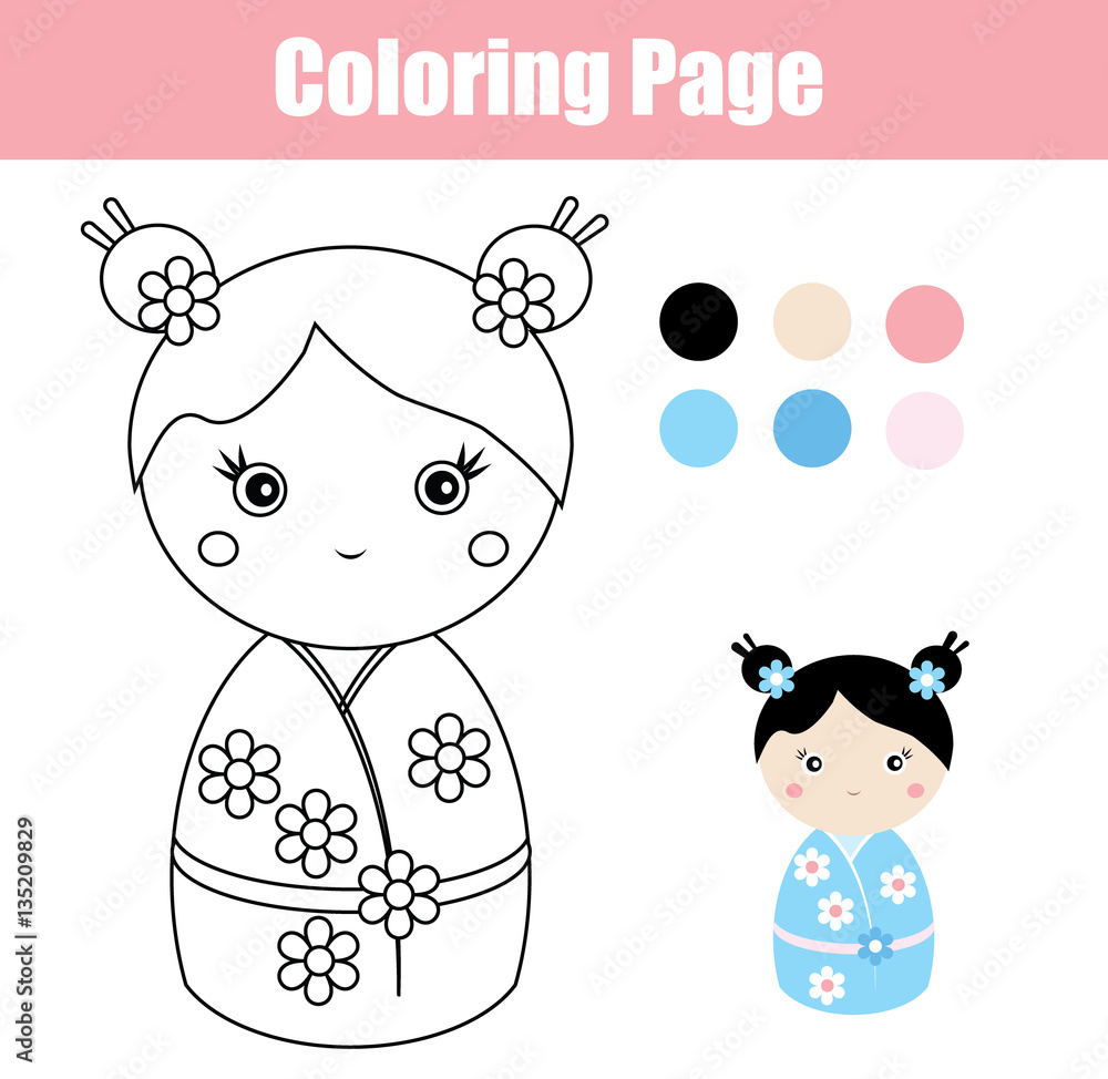 Coloring page with cute japanese kokeshi doll. Children educational ...