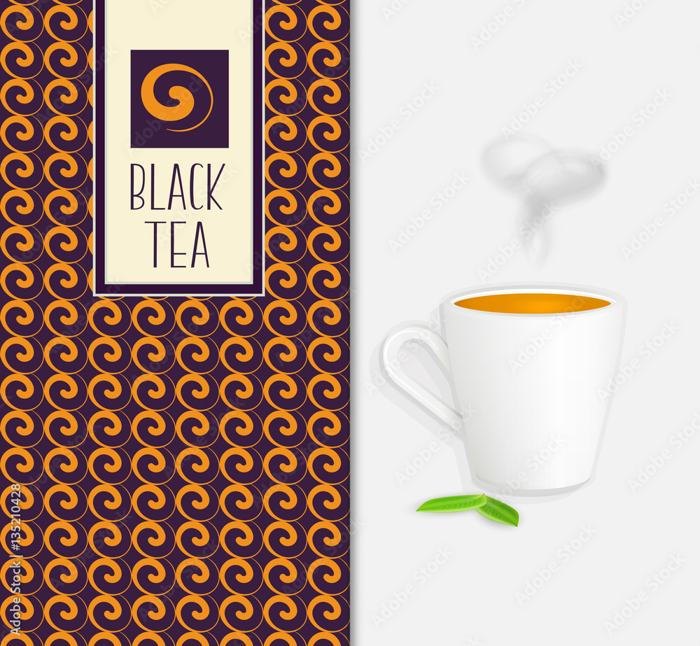 Vector tea packaging design, cup of tea and green leaves. Hand drawn ...