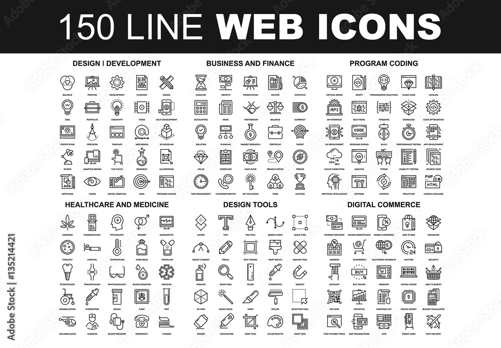 150 Line Art Web Icons 3 Stock Template | Adobe Stock