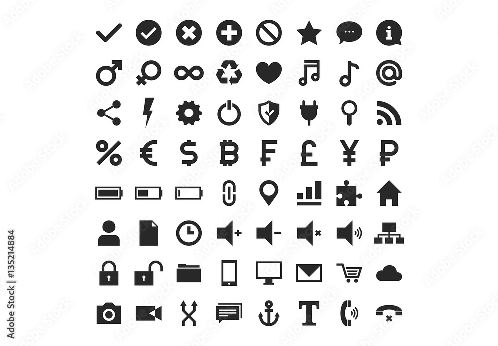 64 Assorted Black and White Icons Stock Template | Adobe Stock