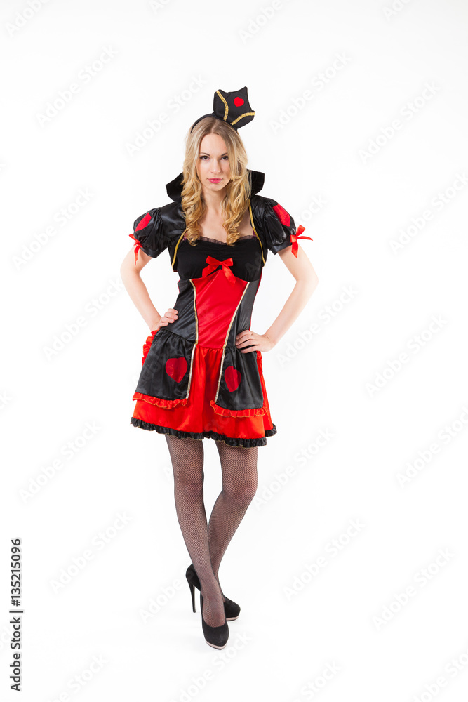Red Queen cosplay - pretty young woman with long legs is posing, white ...