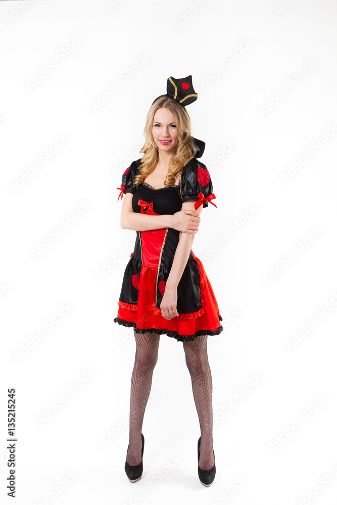 Red Queen cosplay - pretty young woman with long legs is posing, white ...