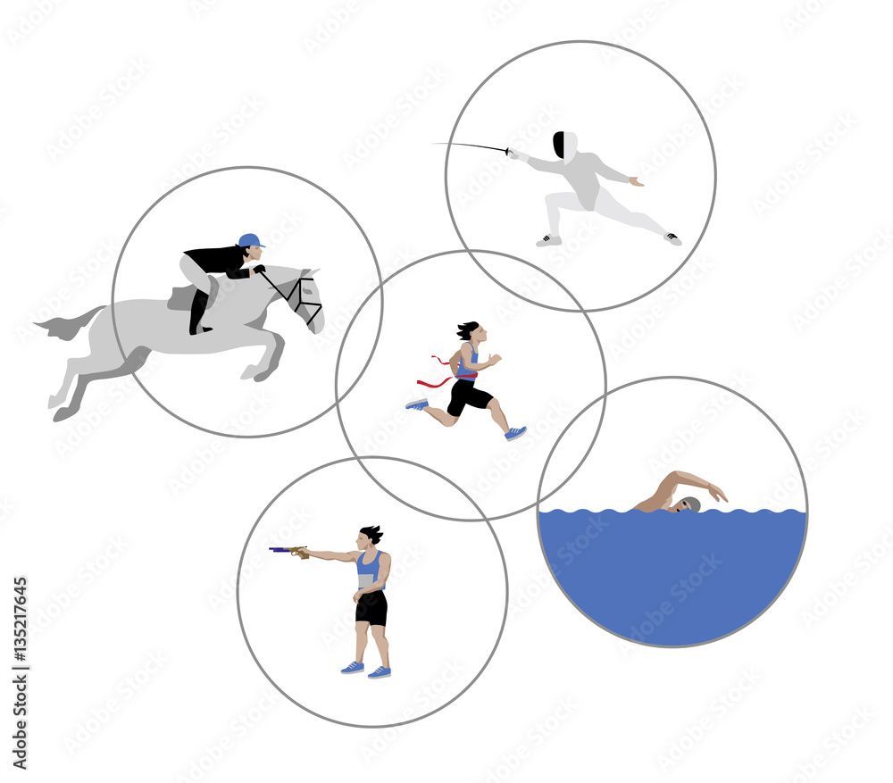 Vector Illustration of modern pentathlon athletes isolated on white ...