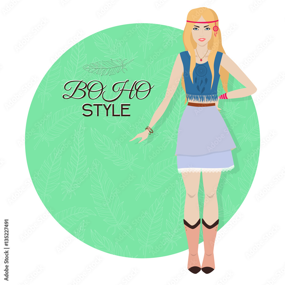 Young beautiful woman. Boho style fashion girl. Vector illustration ...