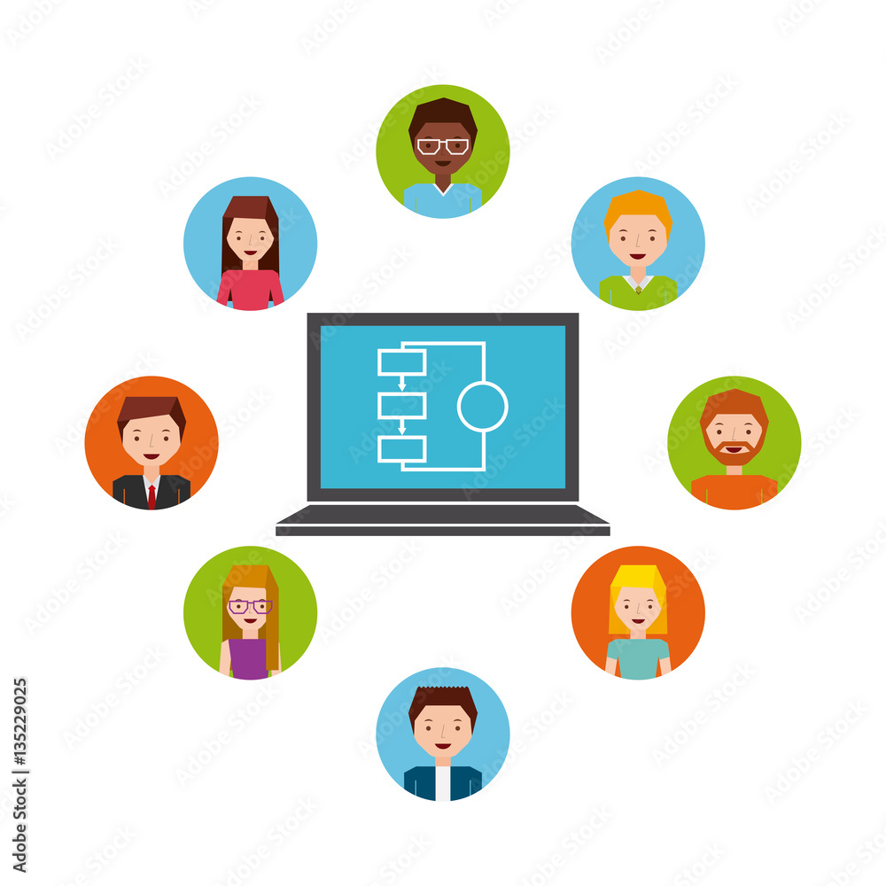 laptop computer with people cartoon icons around over white background ...