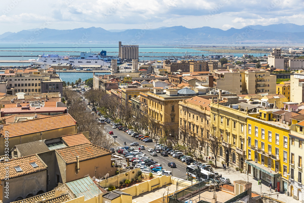 Bird eye view of Cagliari old town, Sardinia, Italy. Cagliari is the ...