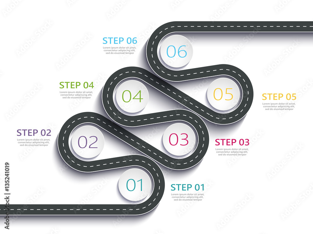 Winding road way location infographic template with a phased structure ...