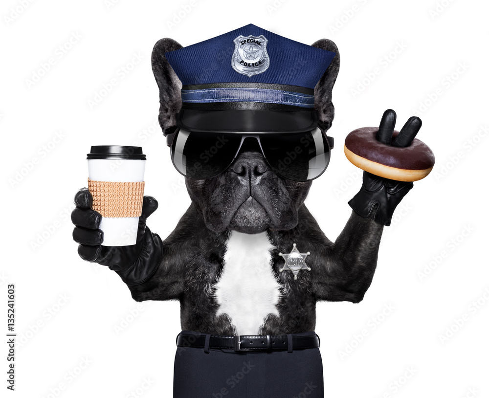 POLICE DOG ON DUTY WITH stop sign and hand , isolated on white blank ...