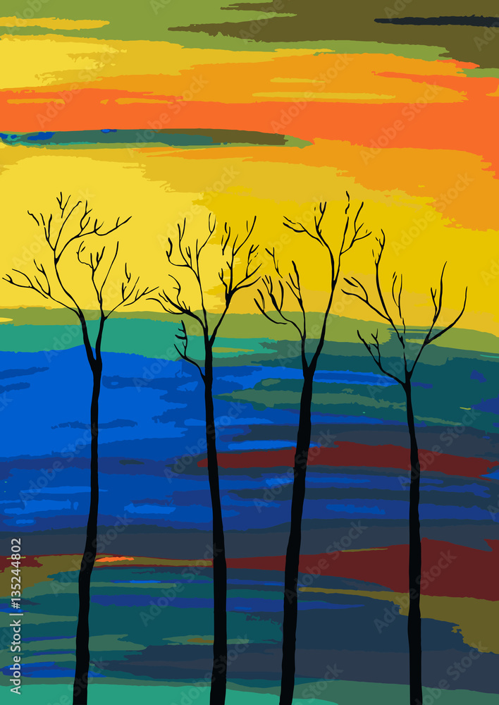 Vector. Set of drawn trees background. Scenic trees, picturesque Stock ...