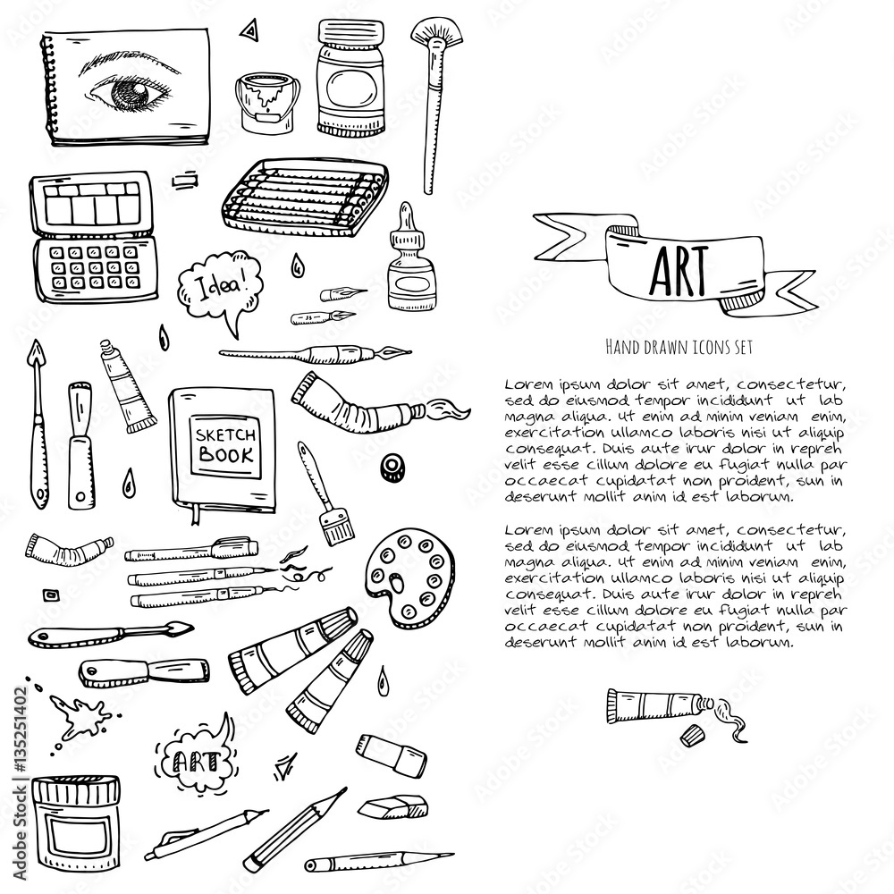Hand drawn doodle Art and Craft tools icons set. Vector illustration ...