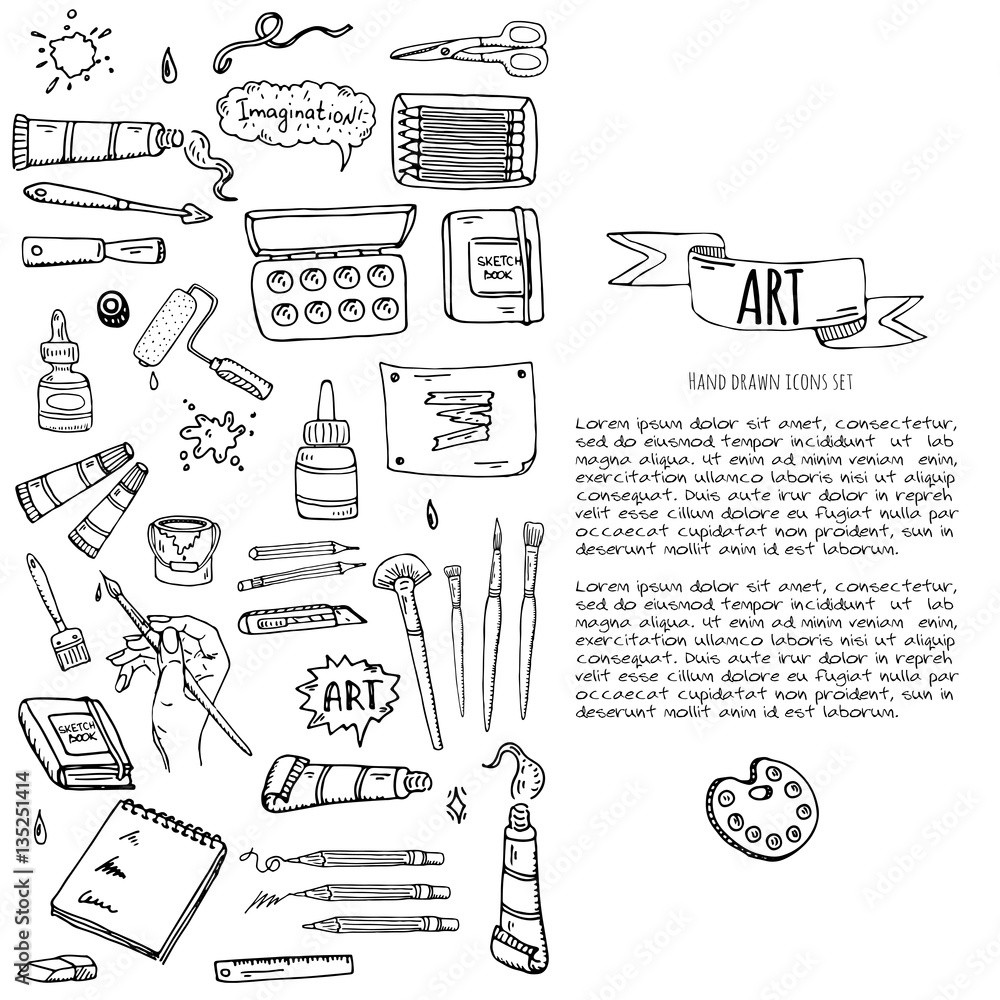 Hand drawn doodle Art and Craft tools icons set. Vector illustration ...