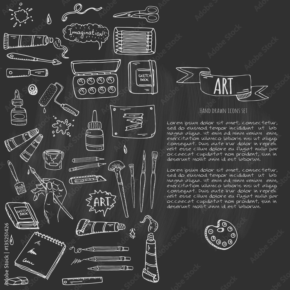 Hand drawn doodle Art and Craft tools icons set. Vector illustration ...