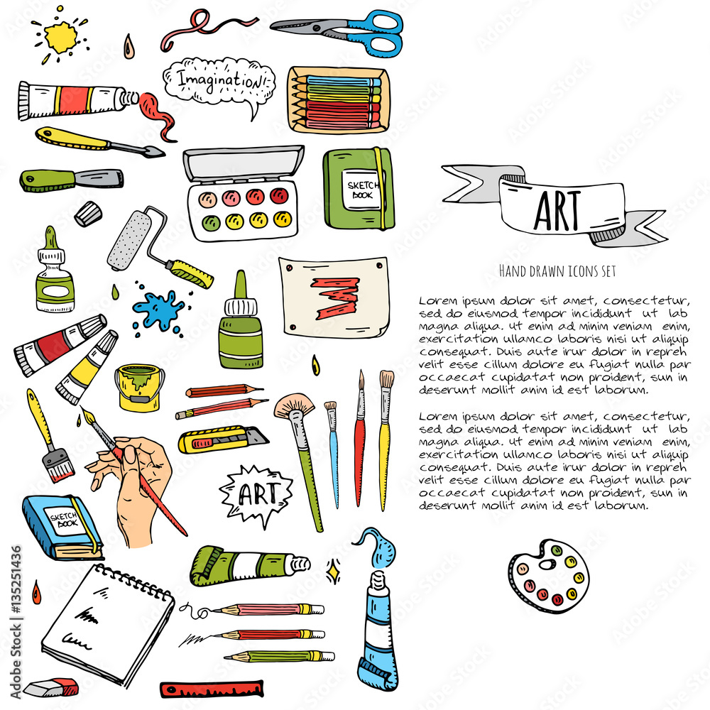 Hand drawn doodle Art and Craft tools icons set. Vector illustration ...