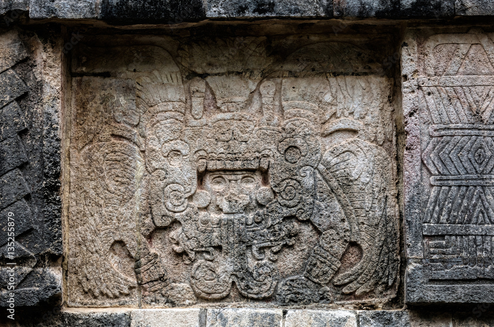Ancient Mayan murals decorating the Venus Platform at Chichen Itza ...