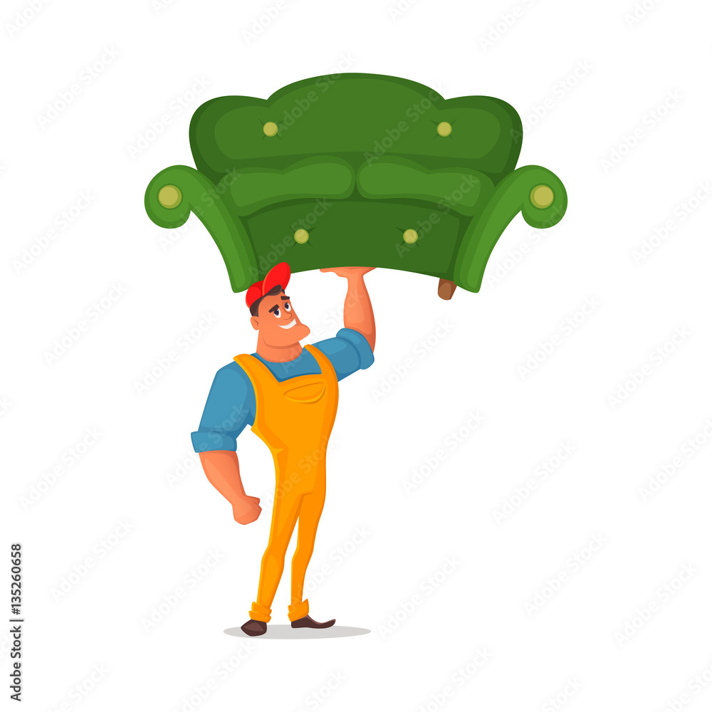Cartoon vector illustration. Loader holding in one hand a sofa. Concept ...