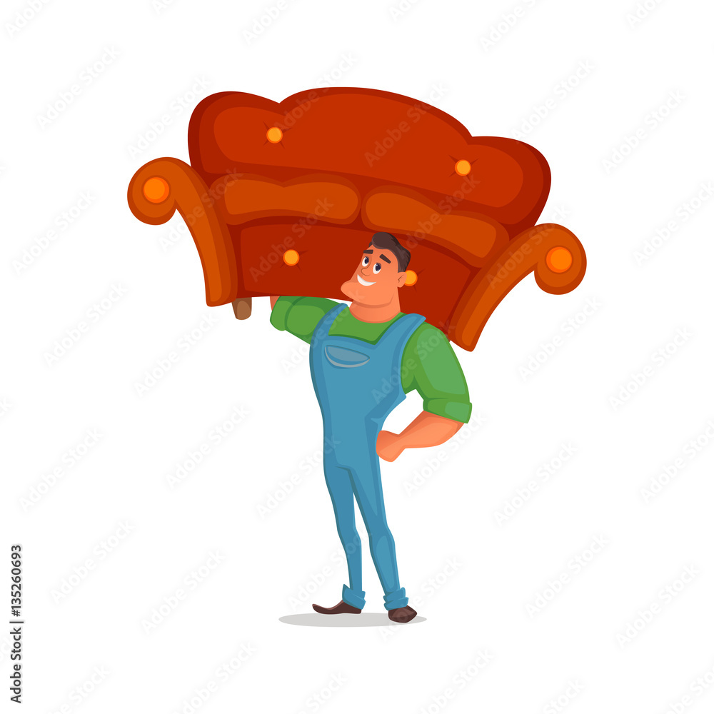 Cartoon vector illustration. Loader holding in one hand a sofa. Concept ...