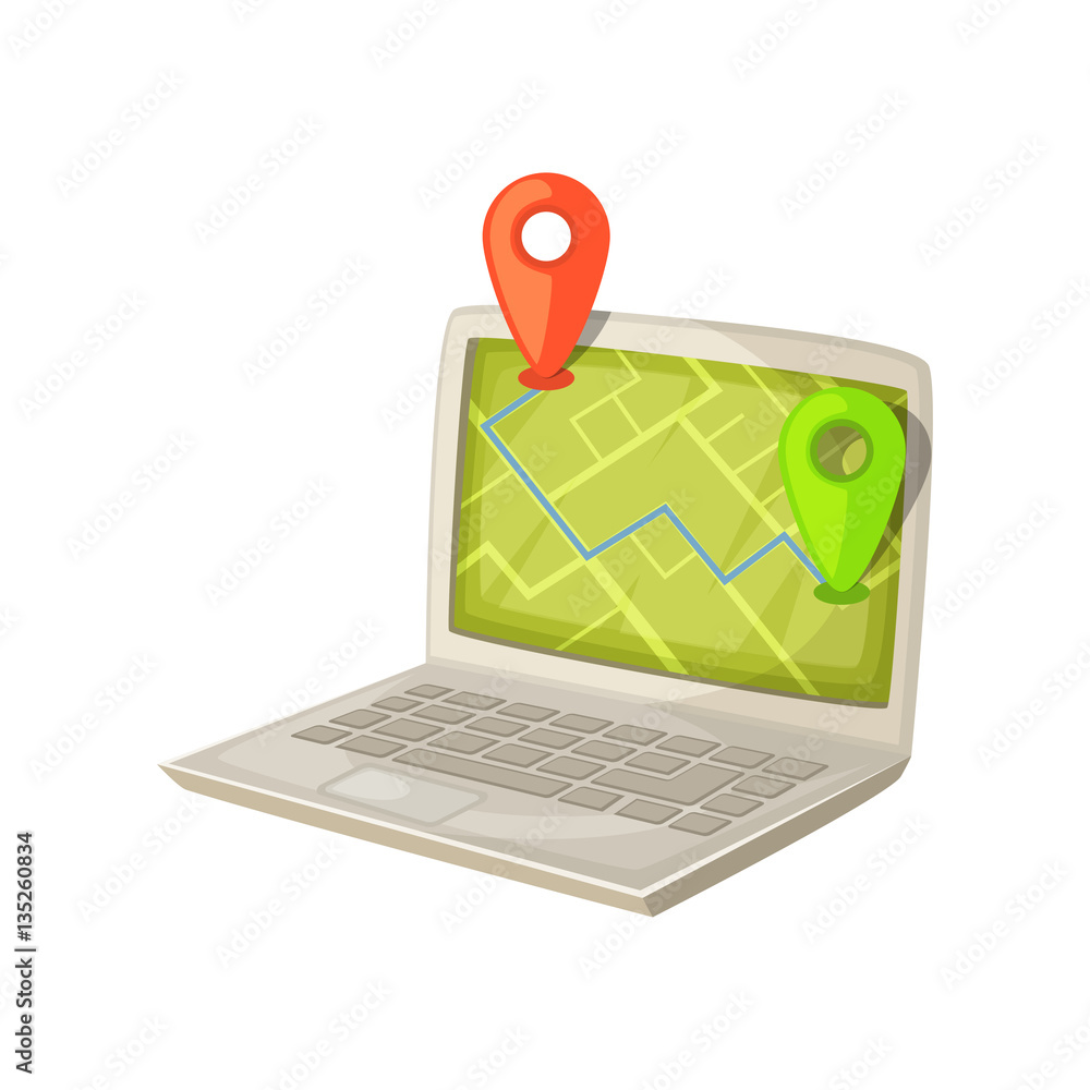 Navigation application on laptop computer screen. Map with GPS location ...