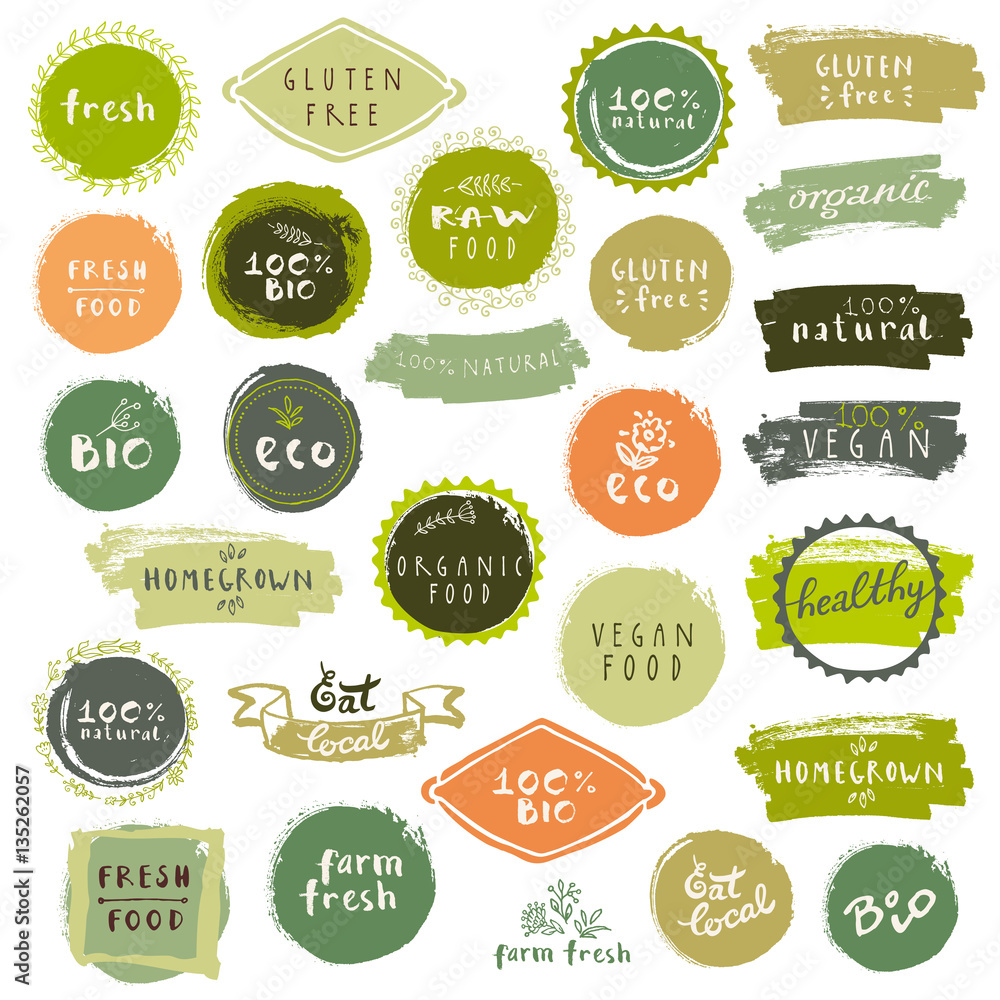 Organic food labels set. Fresh healthy food icons. Vintage badges for ...