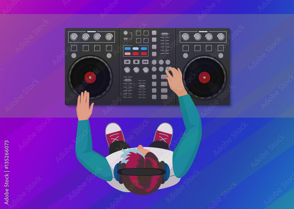 DJ playing vinyl on the neon color light background. Top view. DJ ...
