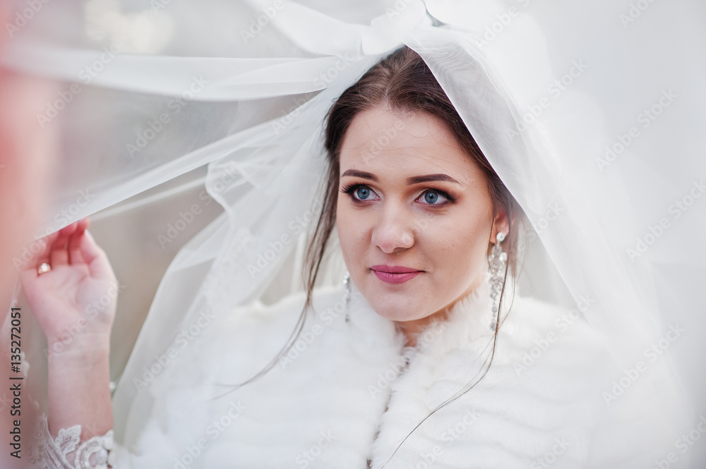 Blue eyes of cute bride under veil and lookin of her groom. Stock Photo | Adobe Stock