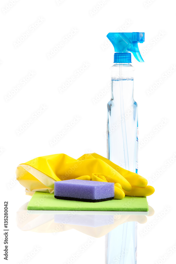 Photo of house cleaning materials. Items include sponge, rubber gloves ...