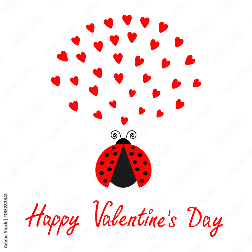 Red flying lady bug insect with hearts. Cute cartoon character. Happy ...