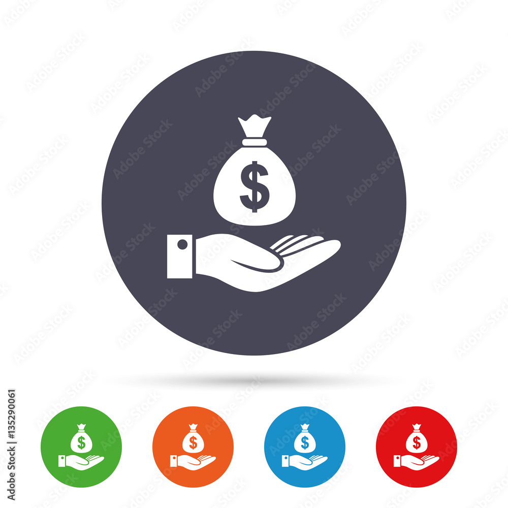 Dollar and hand sign. Palm holds money bag. Stock Vector | Adobe Stock