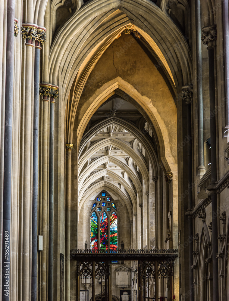 Inside Bristol Cathedral in Bristol, England showing dazzling stained ...