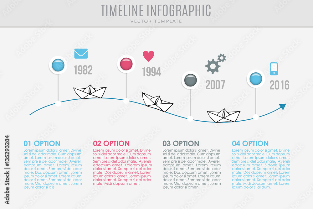 Timeline report template with buttons, icons and sketch of paper boats ...