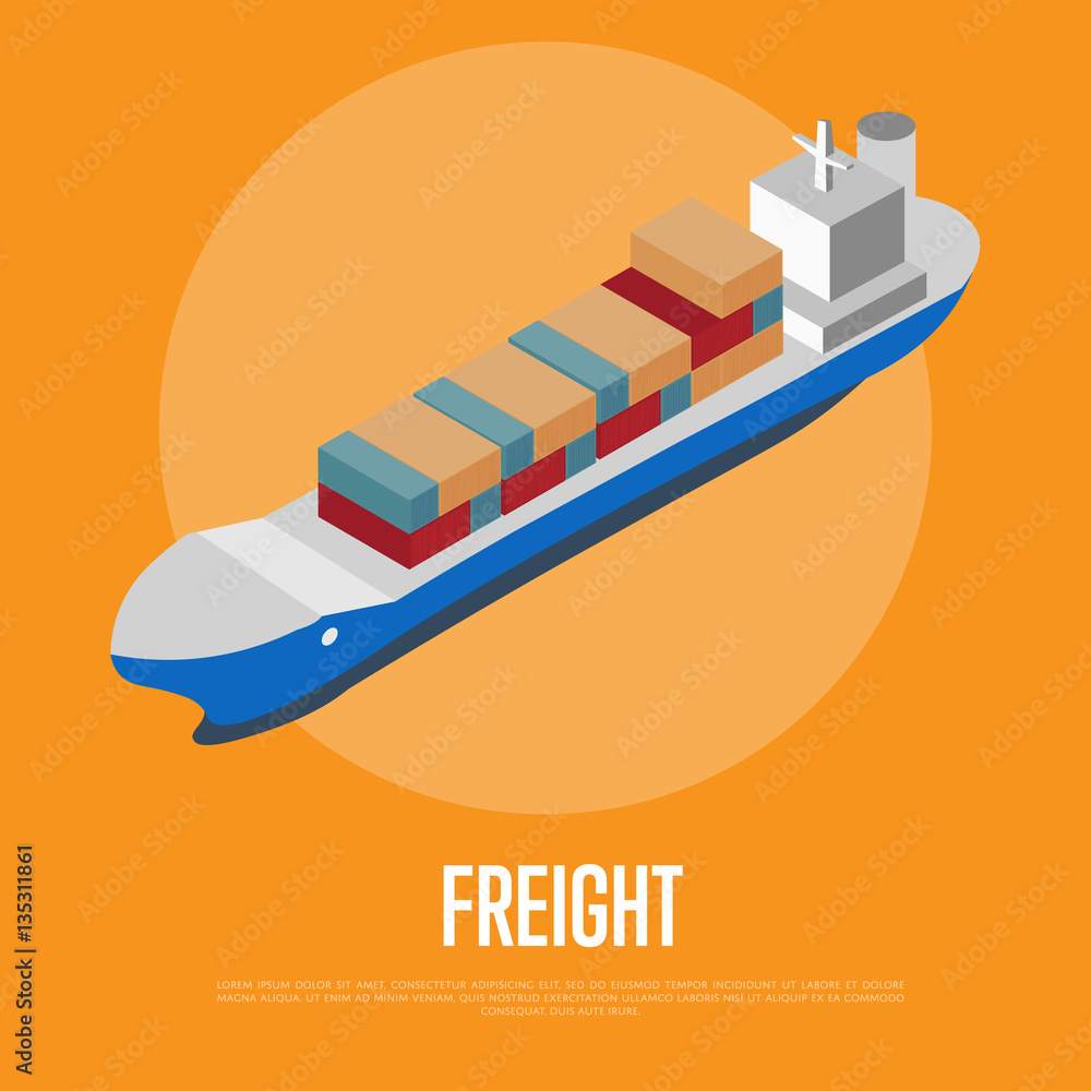 Freight shipment isometric banner with container ship vector ...
