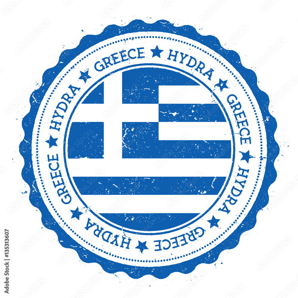 Hydra flag badge. Vintage travel stamp with circular text, stars and ...