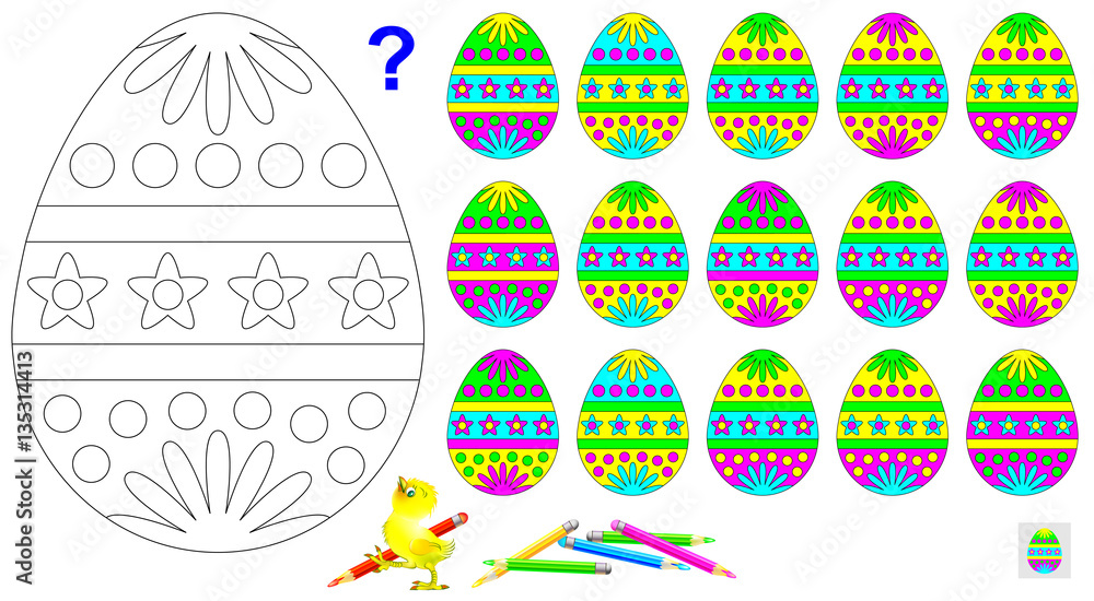 Logic puzzle for children. Need to find the only one unpaired egg and ...