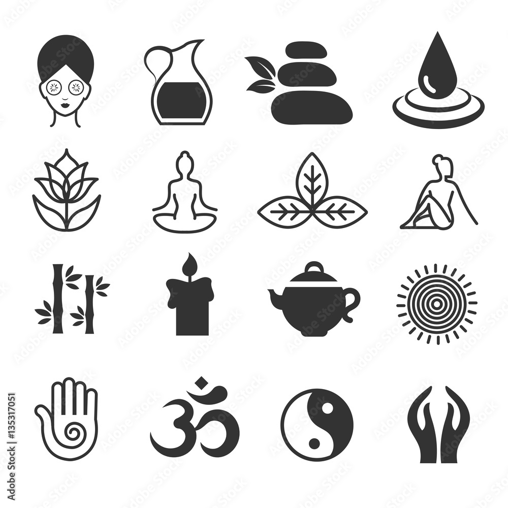 Relax icons vector. Yoga health and spa symbols, zen skin care Stock ...