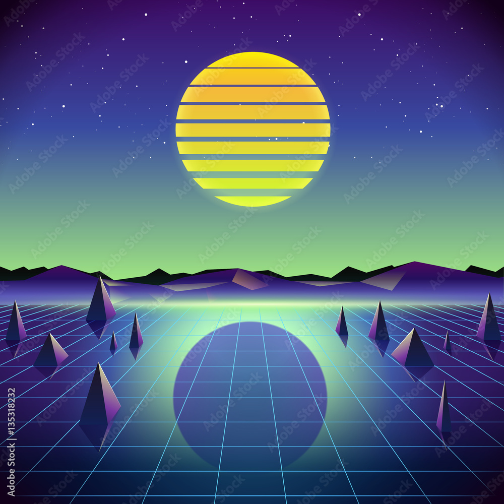 80s Retro Sci-Fi Background. Vector retro futuristic synth retro wave illustration in 1980s ...