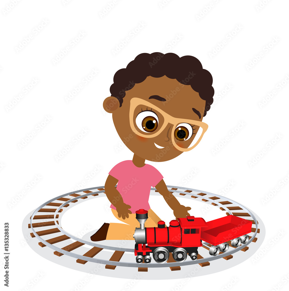 African American boy with glasses and toy train. Boy playing with train ...