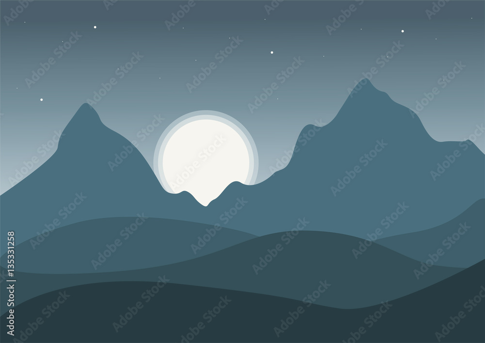 Night Mountain Landscape With Stars And Moon Vector Stock Vector