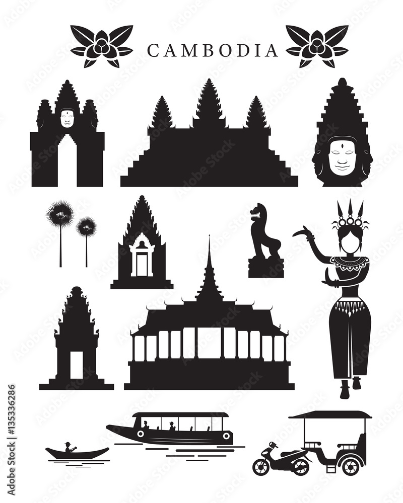 Cambodia Landmarks and Culture Object Set, Design Elements, Black and ...