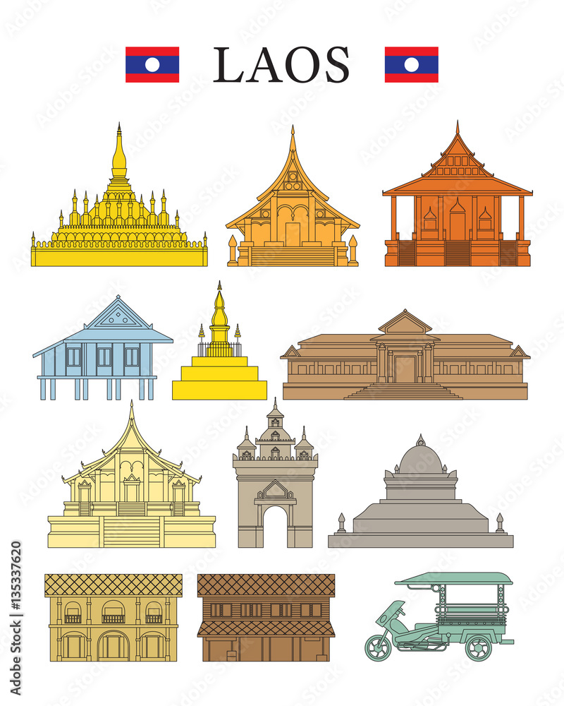 Laos Landmarks and Culture Object Set, Design Elements, Colourful, Line ...
