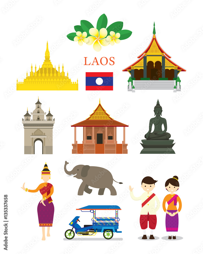 Laos Landmarks and Culture Object Set, Design Elements, Travel and ...