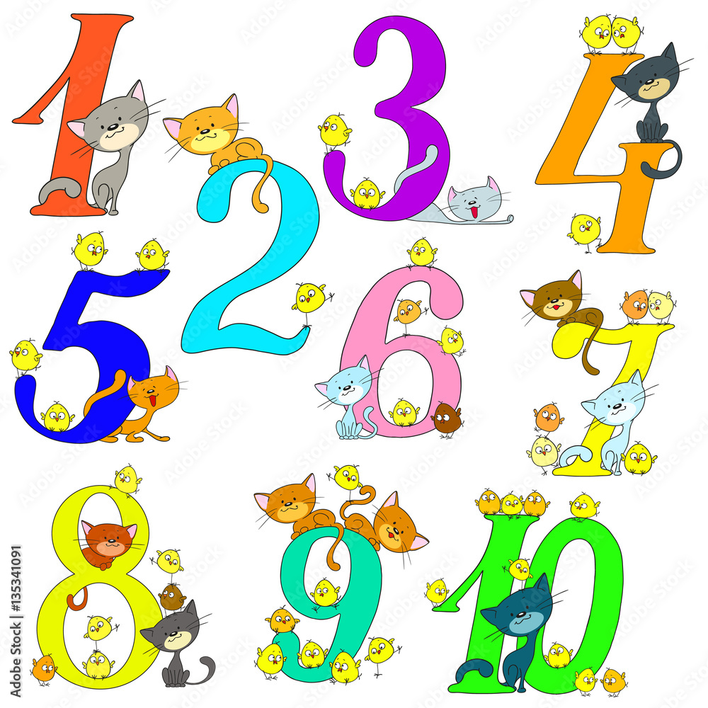 Collection of funny numbers. Cats and chickens. Cheerful greetings ...