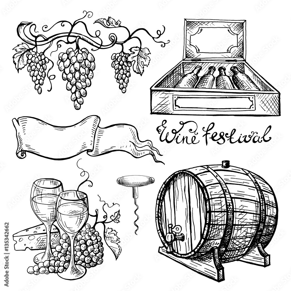 Wine set in graphic style hand-drawn vector illustration Stock Vector ...