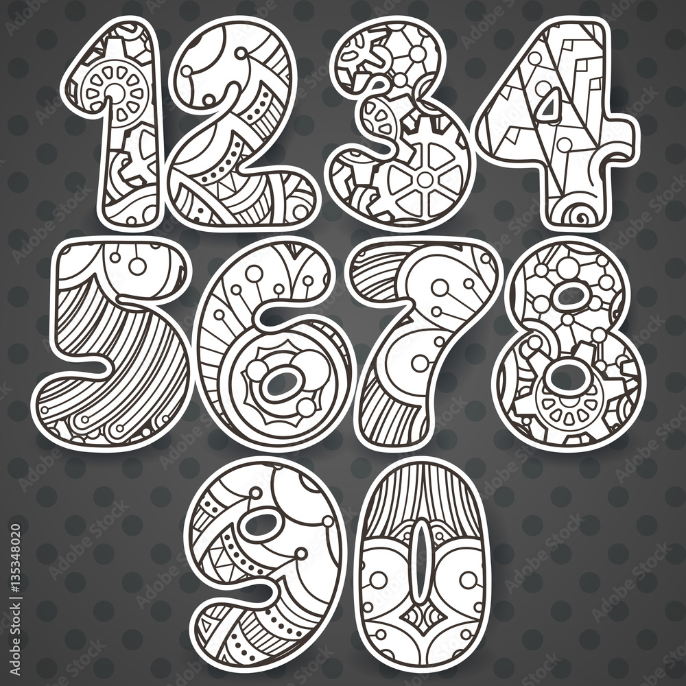 Zentangle numbers set. Collection of doodle numbers with zentangle ...