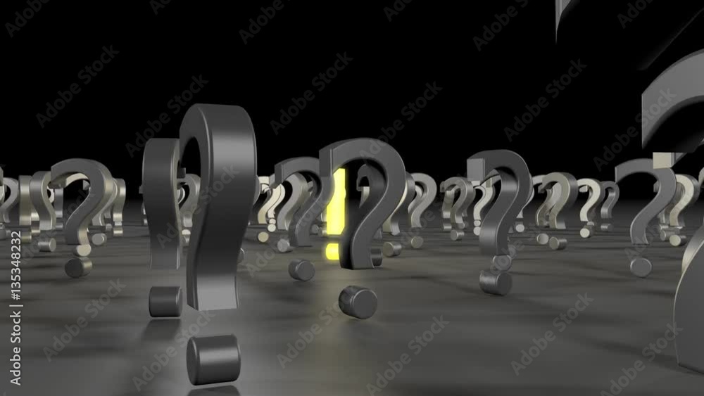 Fly through some question marks to a single glowing exclamation mark... Symbolizing that inside ...
