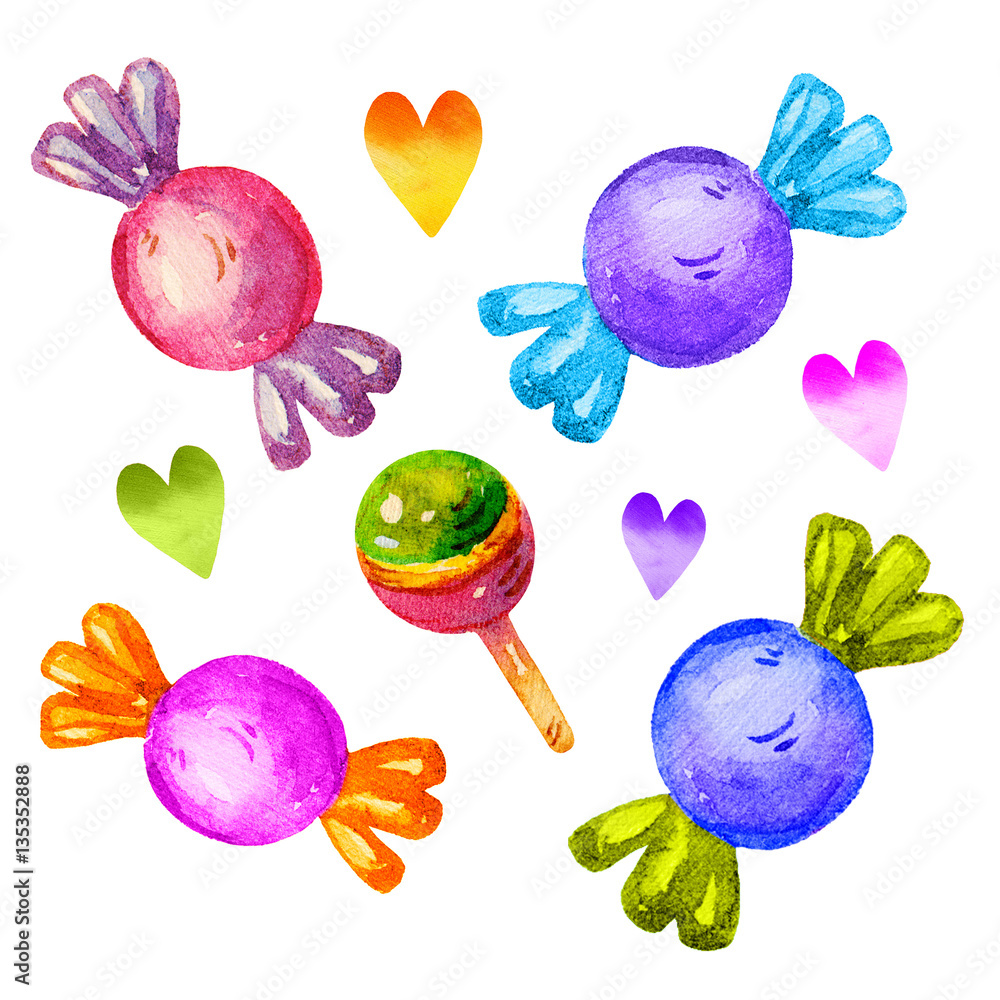 Colorful Watercolor candy set sketch illustration isolated on white ...