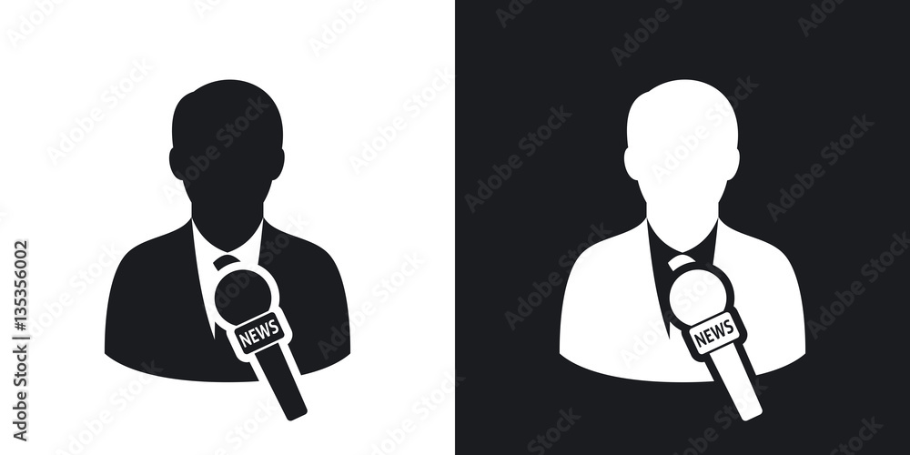 Vector news reporter icon. Two-tone version on black and white ...